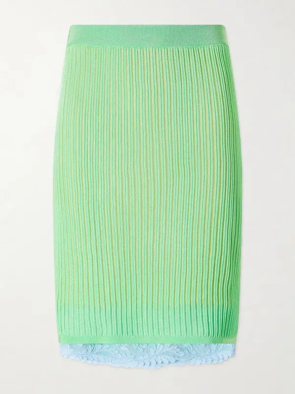 Versace Ribbed-knit Midi Skirt With Lace Trim