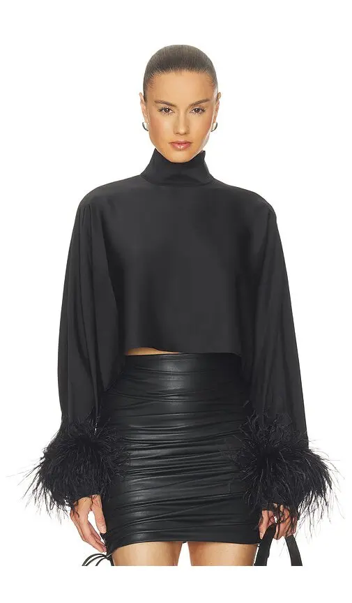 Lapointe Lightweight Satin Caftan Top With Feather Trim