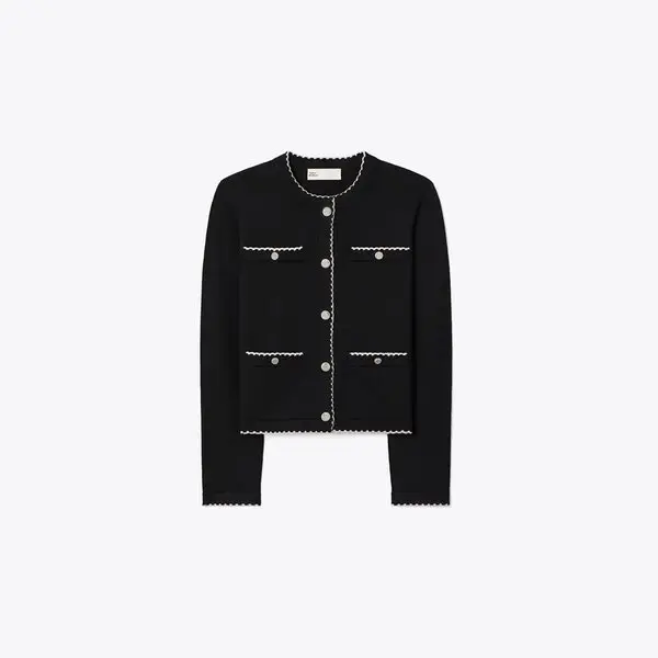 Tory Burch Kendra Wool Scalloped Cardigan - Black/new Ivory