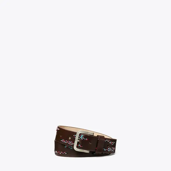 Tory Burch Double Wire Beaded Buckle Belt - Dark Brown/silver