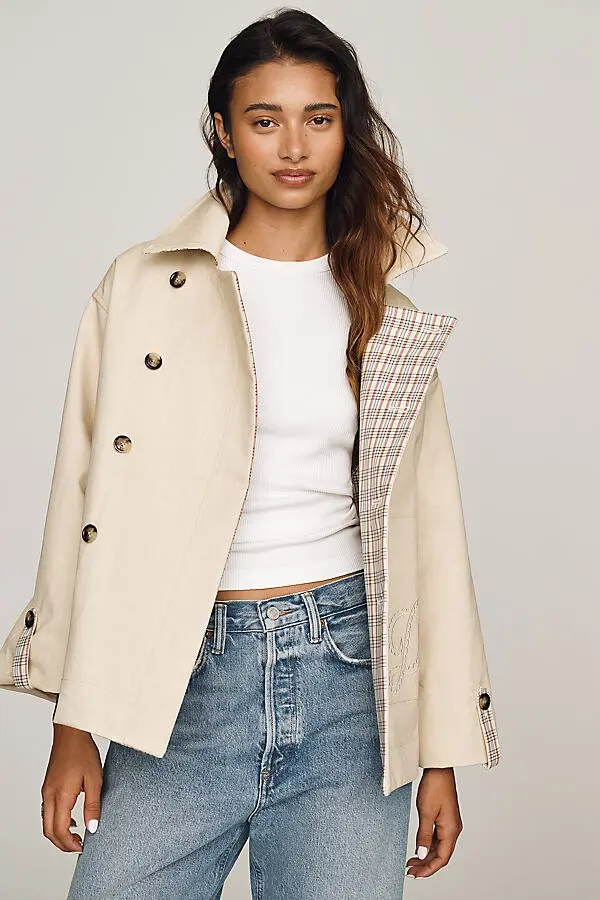 DAMSON MADDER Jerry Cotton Reversible Crop Trench Coat Jacket