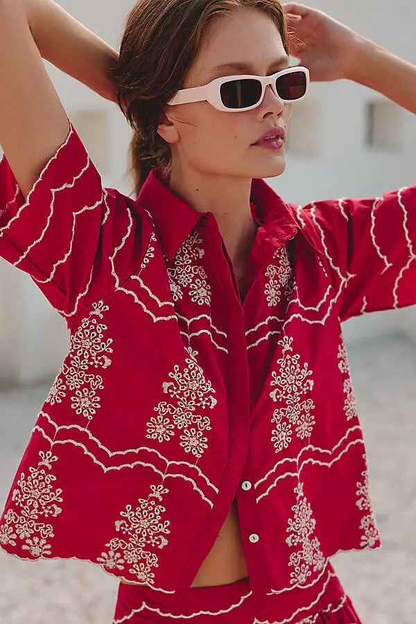 SNDYS. Clifton Embroidered Shirt Top - Red