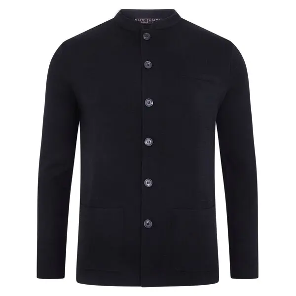 PAUL JAMES KNITWEAR Extra Fine Merino Wool Knitted Nehru Jacket - Black