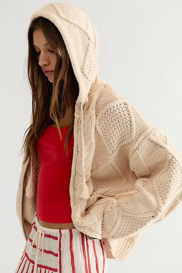FOUND Zip-up Cable Knit Hoodie - Cream