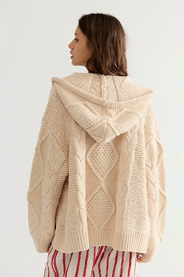 FOUND Zip-up Cable Knit Hoodie - Cream