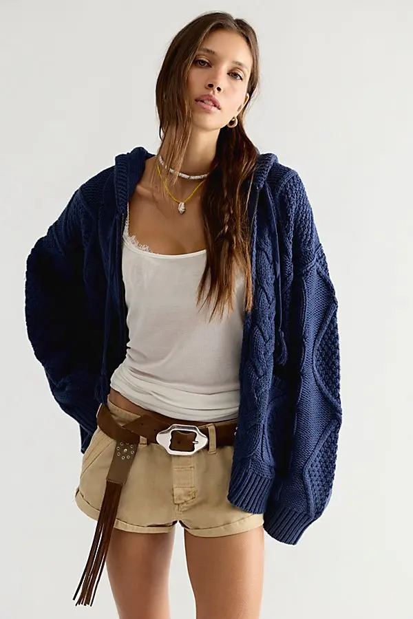 FOUND Zip-up Cable Knit Hoodie - Navy