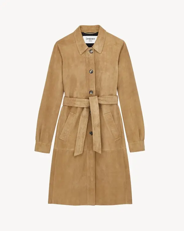 Saint Laurent Belted Coat In Suede