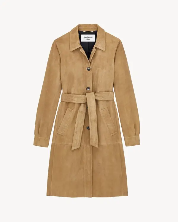 Saint Laurent Belted Coat In Suede