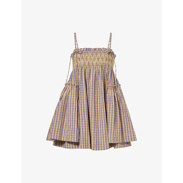 DAMSON MADDER Checked Cotton Mini Dress With Shirred Bust And Tie Detail