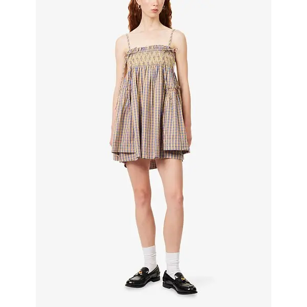 DAMSON MADDER Checked Cotton Mini Dress With Shirred Bust And Tie Detail