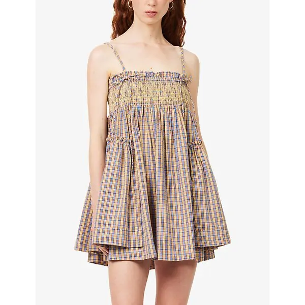 DAMSON MADDER Checked Cotton Mini Dress With Shirred Bust And Tie Detail