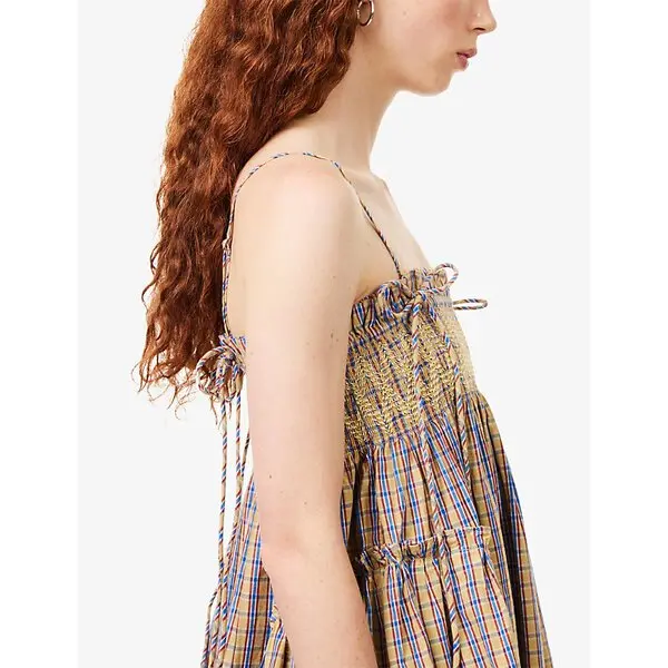 DAMSON MADDER Checked Cotton Mini Dress With Shirred Bust And Tie Detail