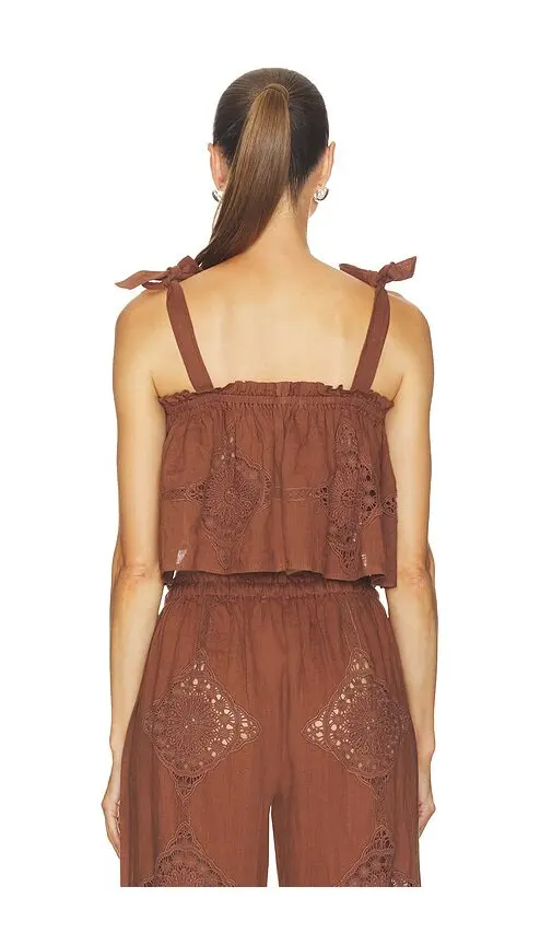 Tularosa Olivia Embroidered Linen Blend Cropped Top - Brown