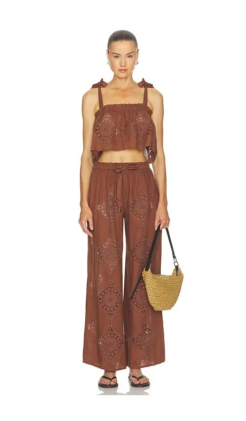 Tularosa Olivia Embroidered Linen Blend Cropped Top - Brown