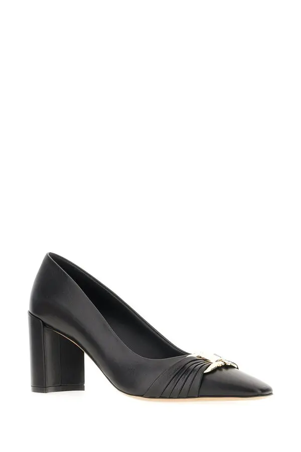 FERRAGAMO Black Leather Pumps With Gold Tone Detail - Multicolor