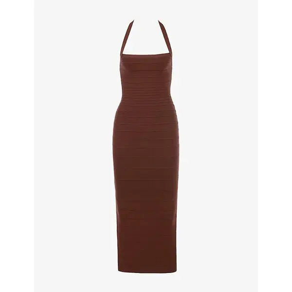 House Of Cb The Silhouette Halterneck Woven Maxi Dress - Brown