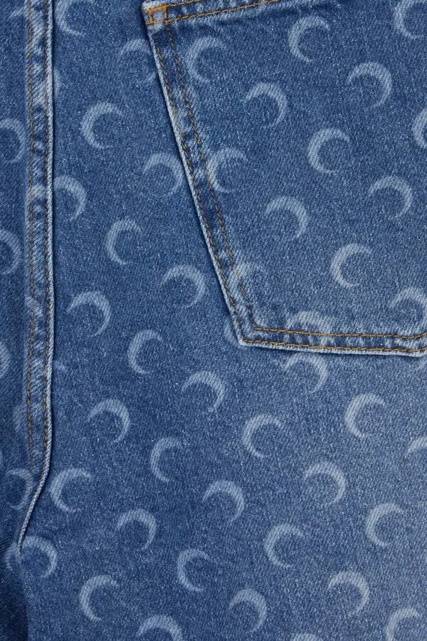 MARINE SERRE Denim Shorts With Crescent Moon Print