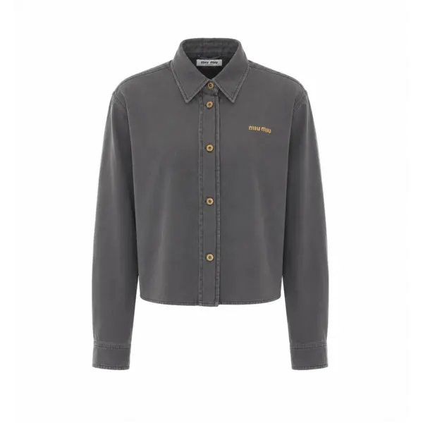 Miu Miu Grey Denim Embroidered Logo Long-sleeve Shirt - Gray