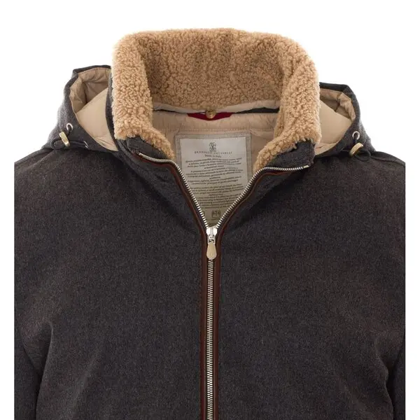 Brunello Cucinelli Hooded Bomber Jacket With Leather Details And Shearling Inner - Gray