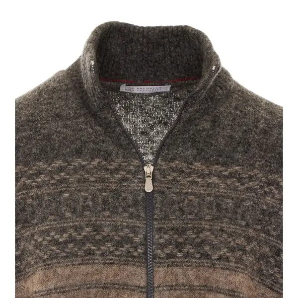 Brunello Cucinelli Geometric Print High Neck Zip-up Cardigan - Brown