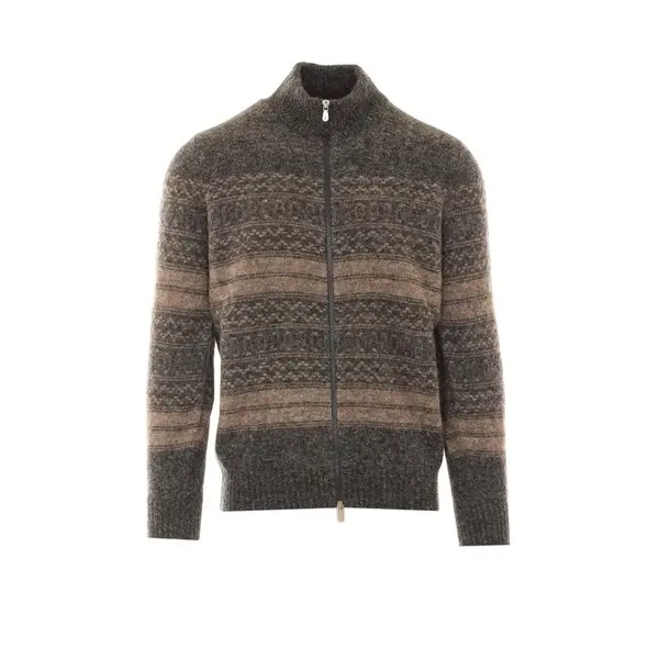 Brunello Cucinelli Geometric Print High Neck Zip-up Cardigan - Brown