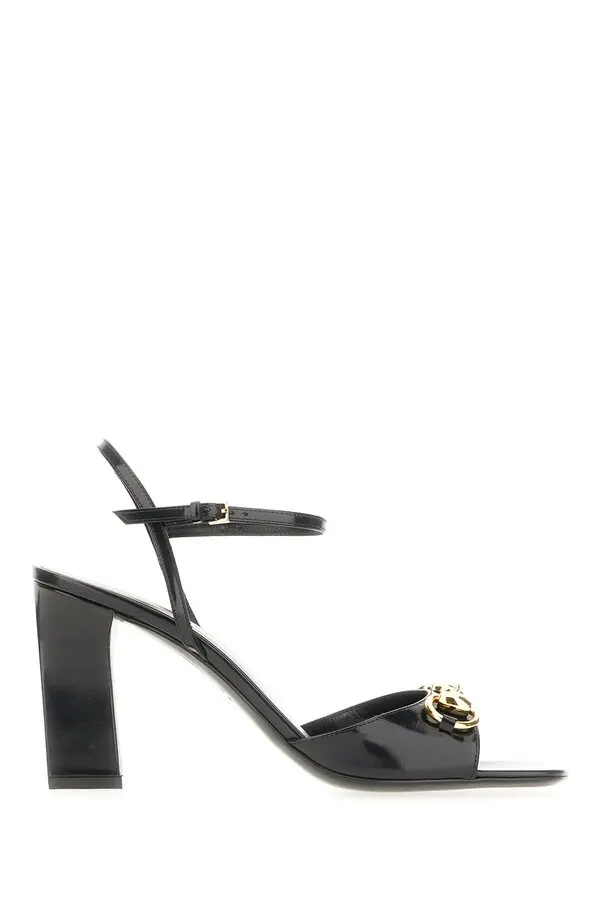 Gucci Black Patent Leather High Heel Sandals With Gold Tone Horsebit Detail - Multicolor