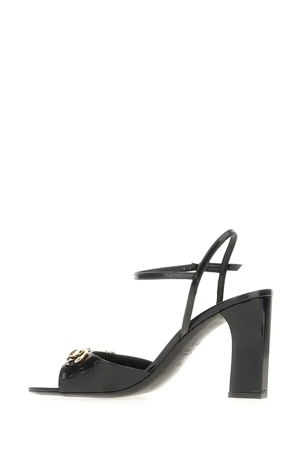 Gucci Black Patent Leather High Heel Sandals With Gold Tone Horsebit Detail - Multicolor