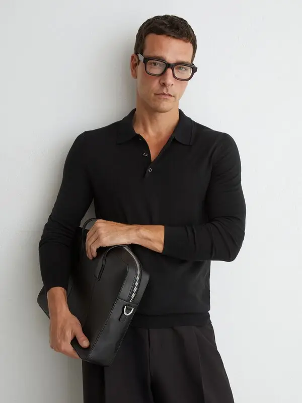 REISS Trafford Merino Wool Long-sleeve Polo Shirt - Black