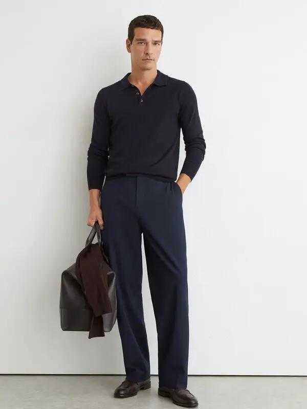 REISS Trafford Merino Wool Long-sleeve Polo Shirt - Navy
