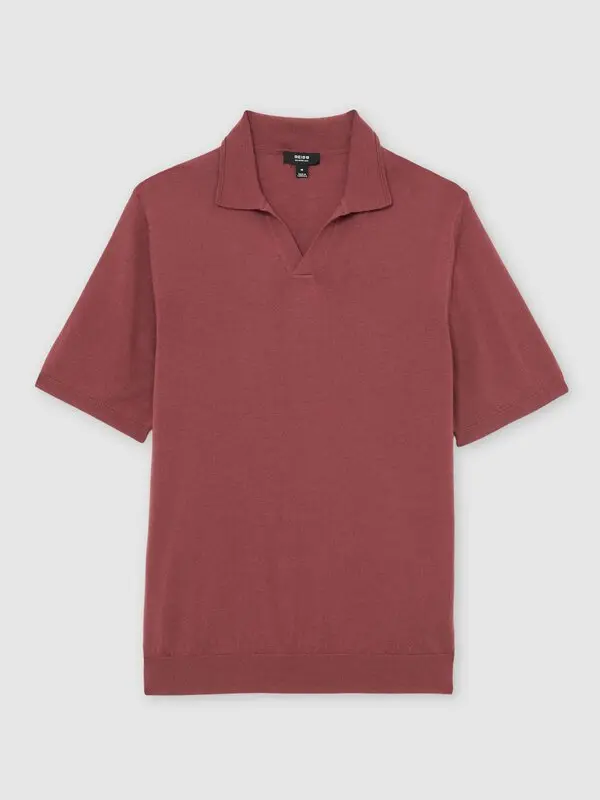 REISS Duchie Merino Wool Open Collar Polo Shirt - Raspberry Pink