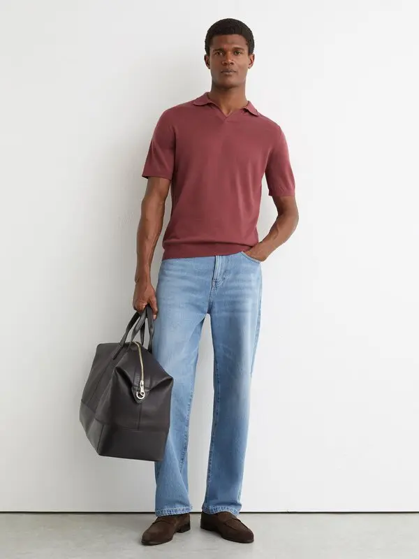 REISS Duchie Merino Wool Open Collar Polo Shirt - Raspberry Pink