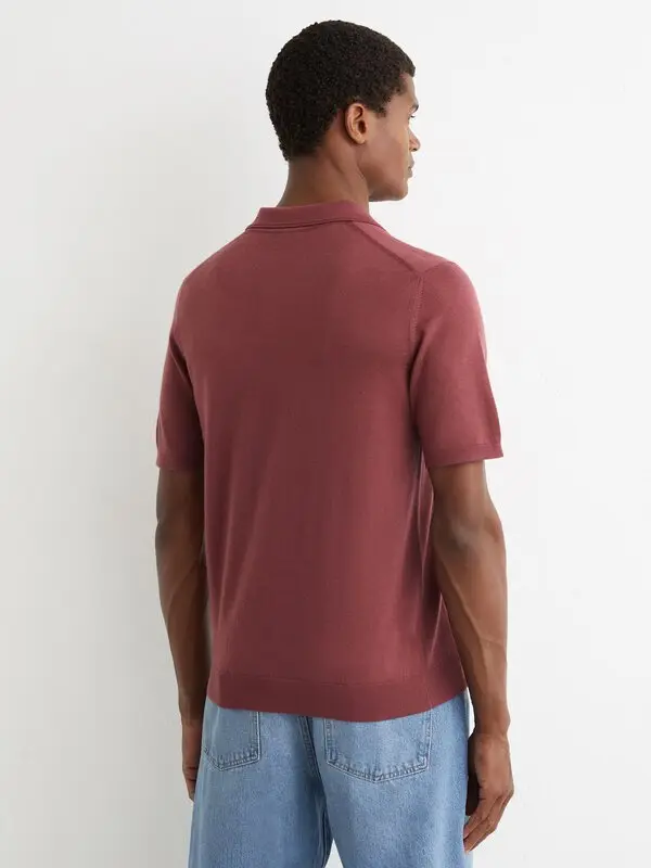 REISS Duchie Merino Wool Open Collar Polo Shirt - Raspberry Pink