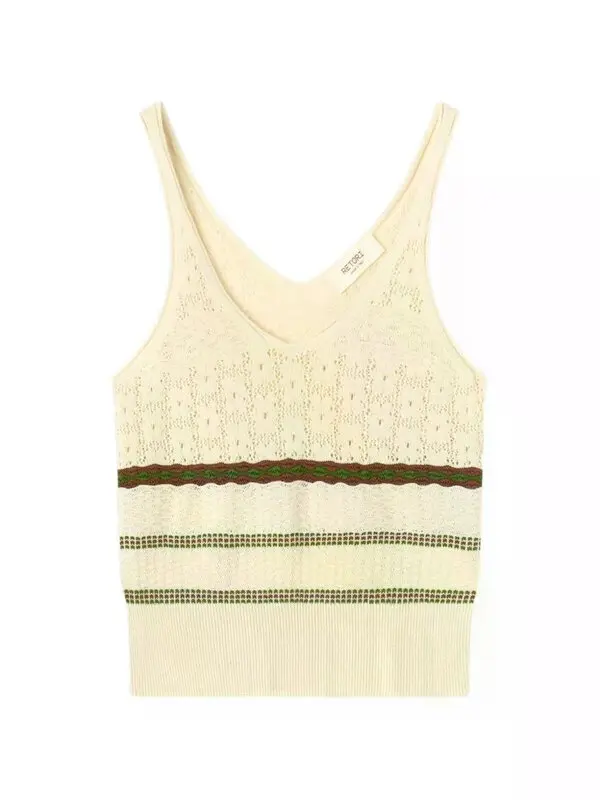 RETORI Knit Cotton Top With Floral Stitch Pattern And Striped Hem