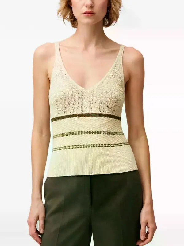 RETORI Knit Cotton Top With Floral Stitch Pattern And Striped Hem