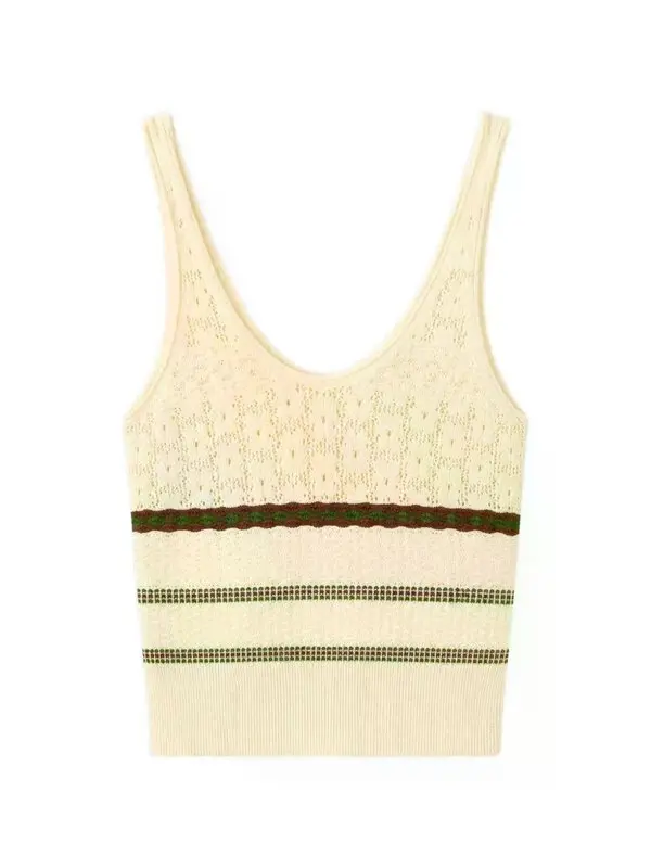 RETORI Knit Cotton Top With Floral Stitch Pattern And Striped Hem