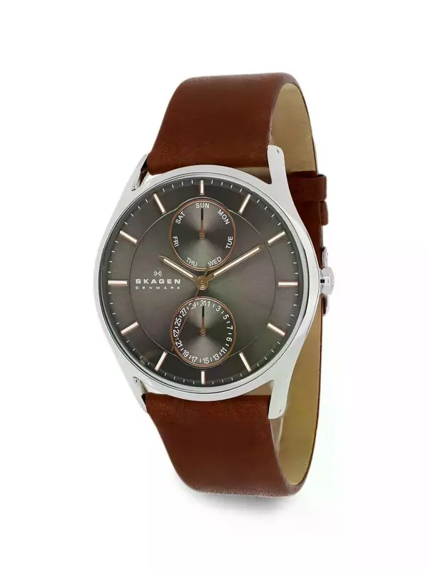 Skagen Holst Leather Watch With Day And Date Sub-dials - Grey