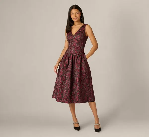 Adrianna Papell Drop Waist Floral Jacquard Midi Dress - Burgundy