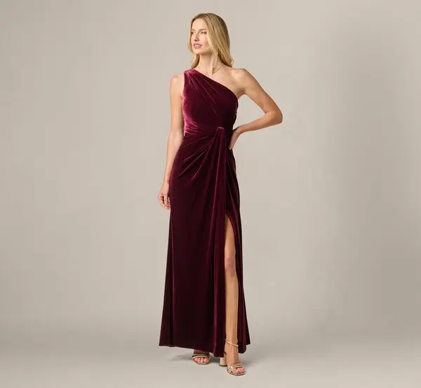 Adrianna Papell One Shoulder Stretch Velvet Twist Knot Draped Gown - Bordeaux