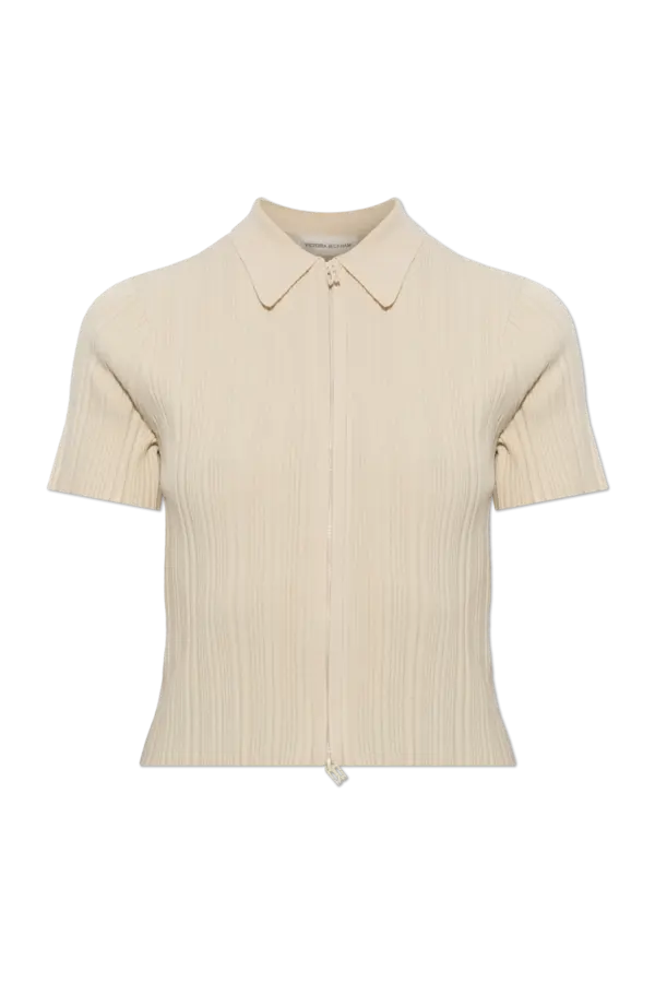 Victoria Beckham Ribbed Short Sleeve Top - Beige
