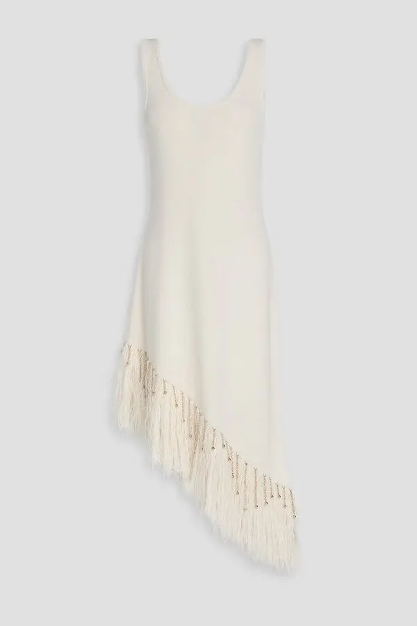 Rabanne Asymmetric Fringed Linen Midi Dress - Cream
