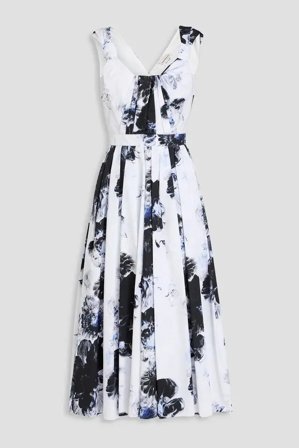 Alexander McQueen Pleated Floralprint Cottonpoplin Midi Dress - White