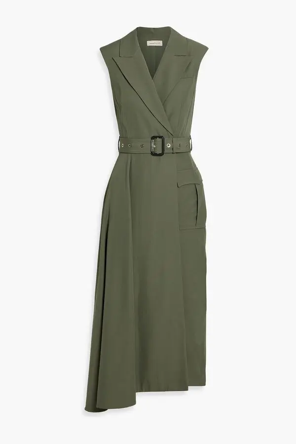 Alexander McQueen Belted Wool And Cottonblend Twill Midi Dress - Army Green