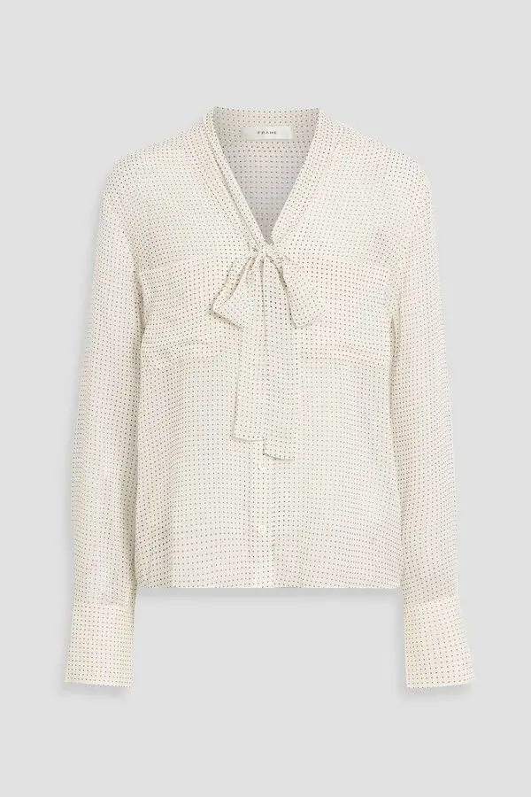 FRAME Polkadot Tiedetailed Silkcrepe Blouse - Ecru