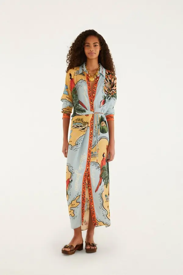 Farm Rio Multicolor Beaches Path Collared Buttoned Maxi Dress - Beaches Path Multicolor