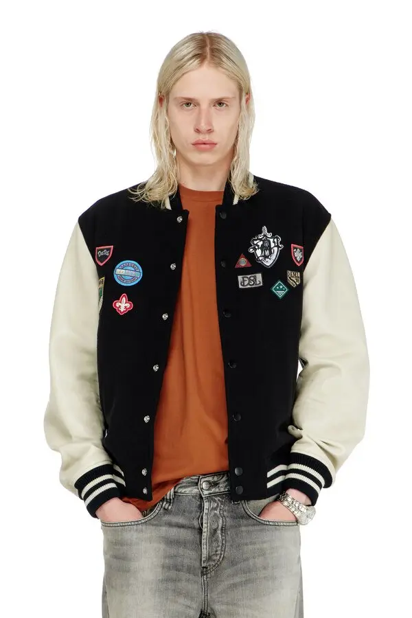 DIESEL® Wool And Leather Bomber Jacket With Patches - Multicolor