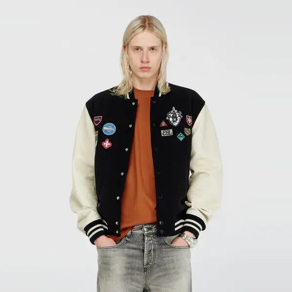 DIESEL® Wool And Leather Varsity Bomber Jacket With Patches - Multicolor