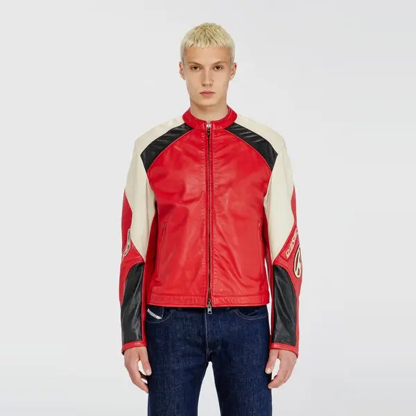 DIESEL® Color-block Perforated Leather Biker Jacket - Multicolor