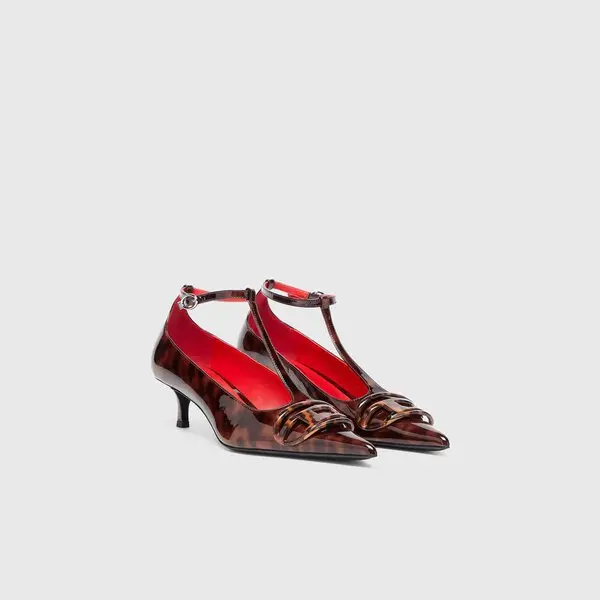 DIESEL® Patent Leopard Print T-bar Kitten Heels - Brown