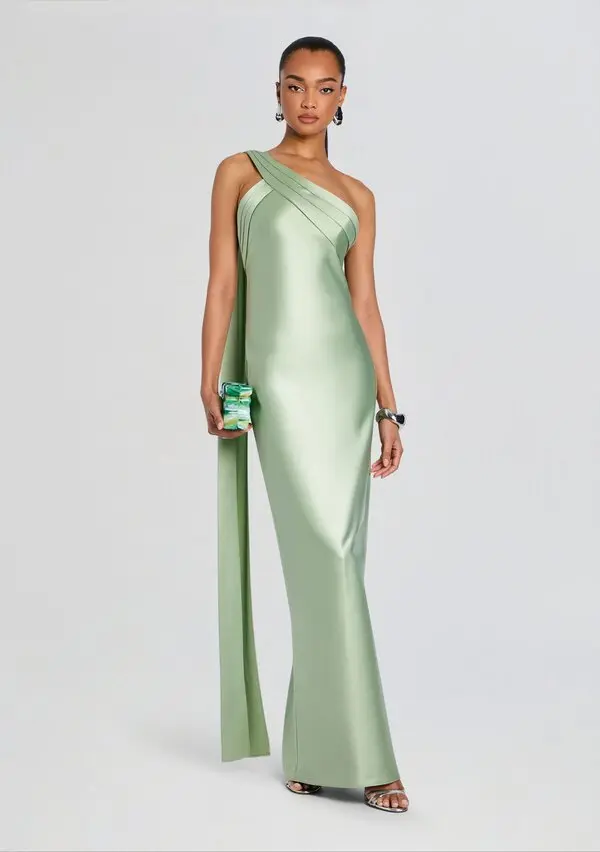 Retrofete Sirocco One-shoulder Gown With Sash - Matcha
