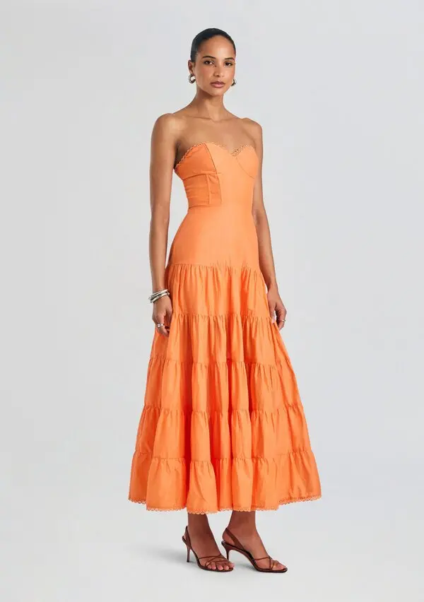 Charo Ruiz Ibiza Strapless Tiered Lace Trim Maxi Dress